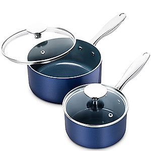 MICHELANGELO Saucepan Set, 1Qt & 2Qt Ceramic Sauce Pan with Lid, Nonstick Saucepans with Lids, Small Pot with Stainless Steel Handle, Oven Safe, Blue
