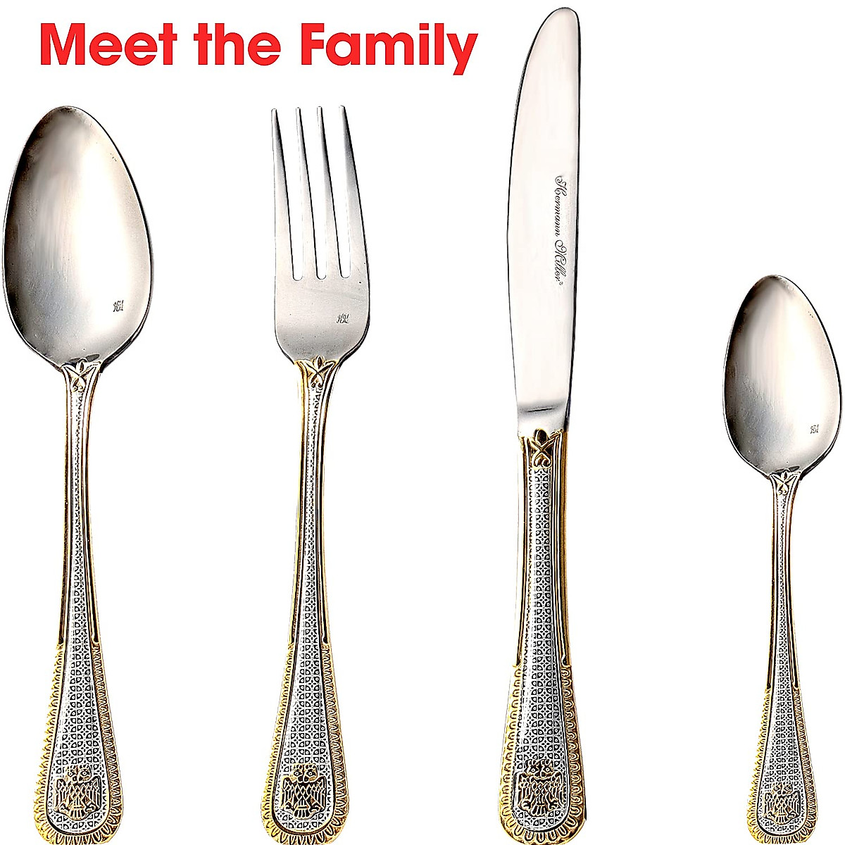 Hermann Miller Royal Family Collection 72 Piece Fine Flatware Silverware Set with Gift Carrying Case, Elegant Design, Serves Parties 12 people, Perfect Housewarming Graduation for Loved Ones, Gold