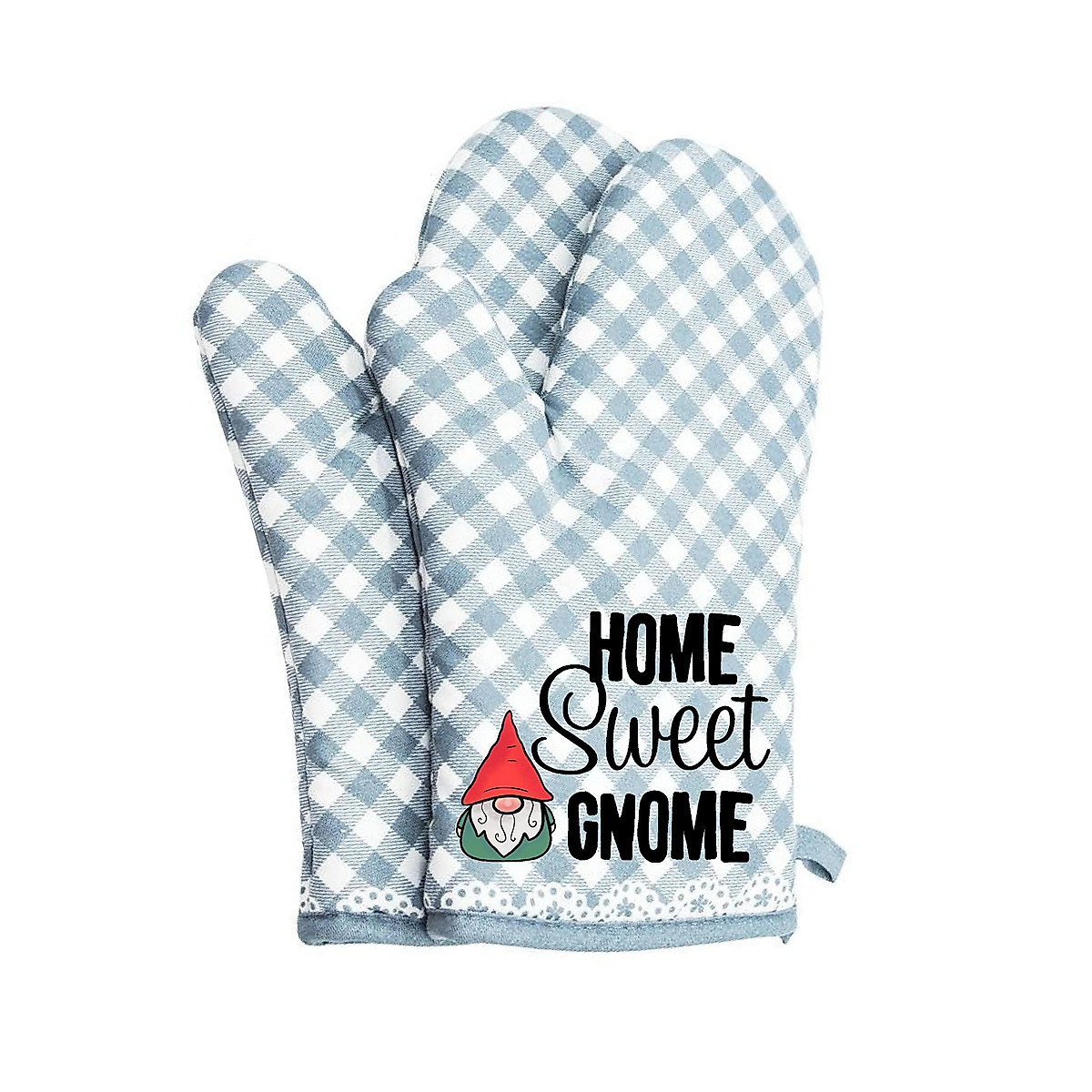 Oven mitts cute pair Home sweet Gnome funny kitchen Potholders BBQ Gloves cooking baking grilling non slip cotton BLUE