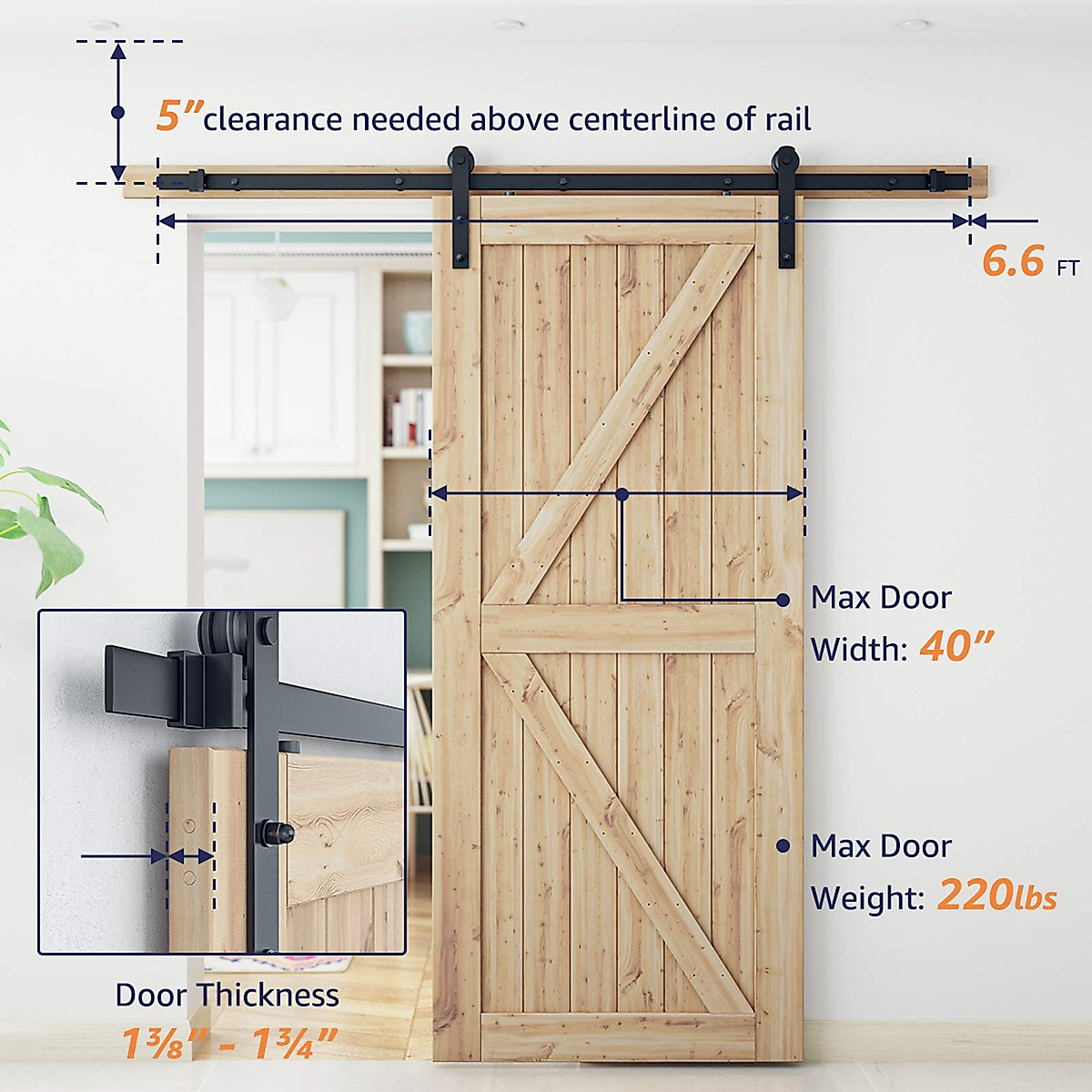 SMARTSTANDARD 6.6FT Barn Door Hardware kit, Barn Door Track, Sliding Door Hardware kit, Smoothly and Quietly -Heavy Duty Sturdy -Easy to install, Fit 36"-40" Wide Panel (I Shape Hanger)