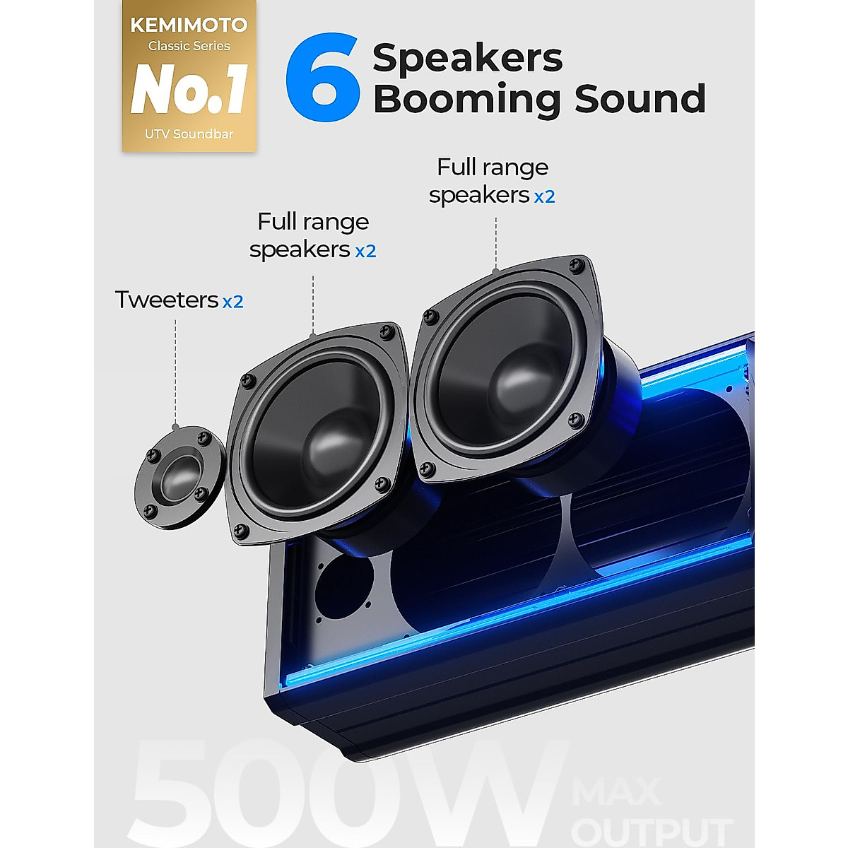 KEMIMOTO 6-Speaker Metal UTV Sound Bar Waterproof Bluetooth Music Sync Multicolor Lights 25-inch SxS Speakers Wireless Control Soundbar for UTV Golf Cart w/ 1.25 in - 2 in Roll Bar