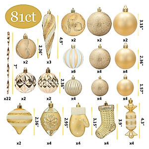 AMS 81ct Christmas Ball Ornaments Holiday Tree Decorations in a Reusable Hand-Help Gift Box for Xmas Tree Decor(Gold)