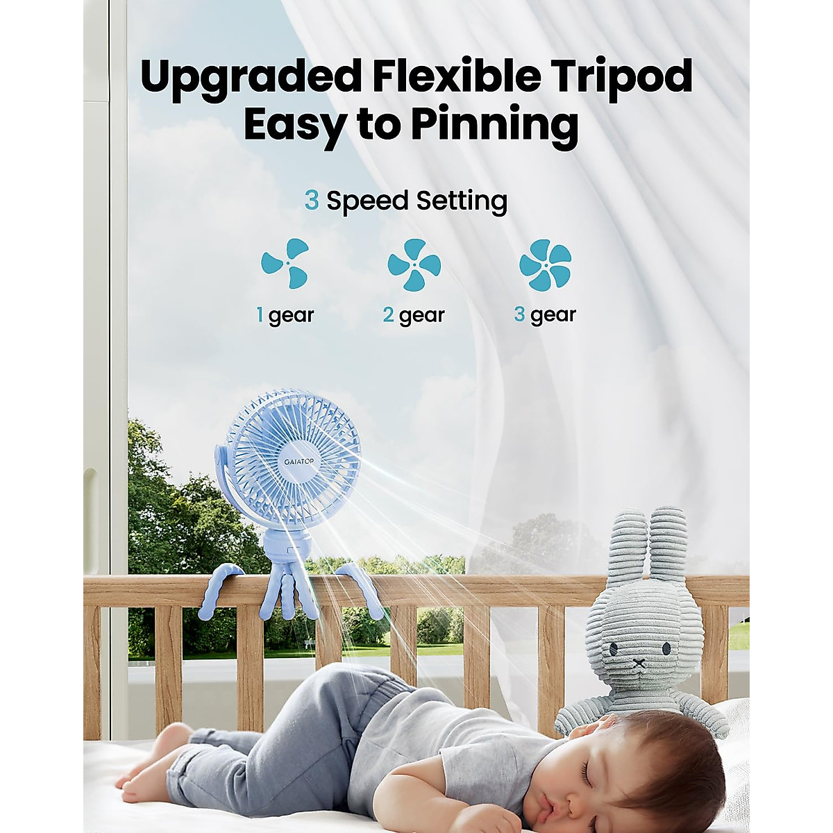 Gaiatop Mini Portable Stroller Fan, Battery Operated Small Clip on, Detachable 3 Speed Rechargeable, 360° Rotate Flexible Tripod Better Cooling for Car Seat Crib Treadmill Travel Blue