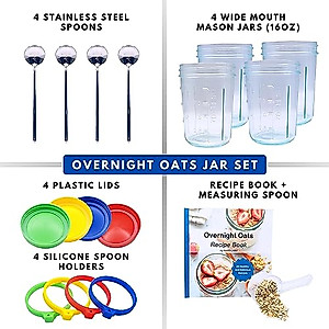 KARD LABS - Overnight Oats Jar Set with Recipe Book, 16 oz Glass Mason Jars for Overnight Oats with Measuring Cup, Lids and Stainless Steel Spoons, 4 Pack