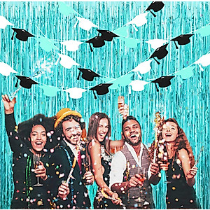 Graduation Decorations Turquoise Black 2023/4pcs Graduation Hat Banner Garlands Teal White Black for Class of 2023 Graduation Party Supplies Teal Grad