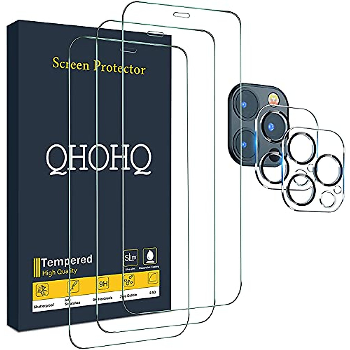 QHOHQ 3 Pack Screen Protector for iPhone 12 Pro Max 6.7" with 2 Pack Tempered Glass Camera Lens Protector, Ultra HD, 9H Hardness, Scratch Resistant, Easy Install - Case Friendly