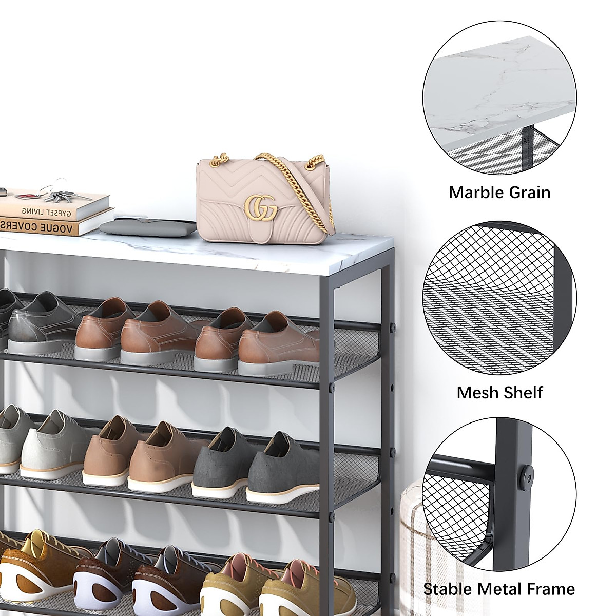 Garden 4 you Shoe Rack 6 Tiers Shoe Storage Organizer,Large Capacity Storage Rack With White Faux Marble Tabletop,Adjustable Metal Shelf Stackable Shoe Shelf For Entryway Hallway Living Room Closet