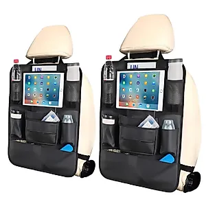 2 Pack PU Leather Premium Car SeatBack Organizer Travel Accessories, Kick Mats Back Seat Protector with Touch Screen Tablet Holder, Car Back Seat Organizer for Kids, Car Travel Accessories