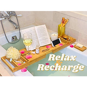 Luxury Bamboo Bathtub Caddy Tray with Two Free Bath Bombs, Soap Holder, and Non-Slip Silicone Grips - Durable and Solid - Expandable Organizer with Removable Spa Trays