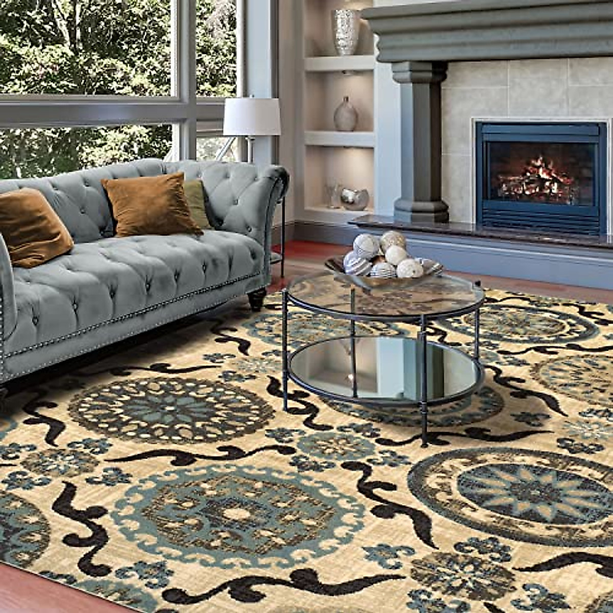 SUPERIOR Abner Collection Area Rug, 10mm Pile Height with Jute Backing, Fashionable and Affordable Rugs, Beautiful Scrolling Medallion Pattern - 5' x 8' Rug, Cream with Blue and Beige