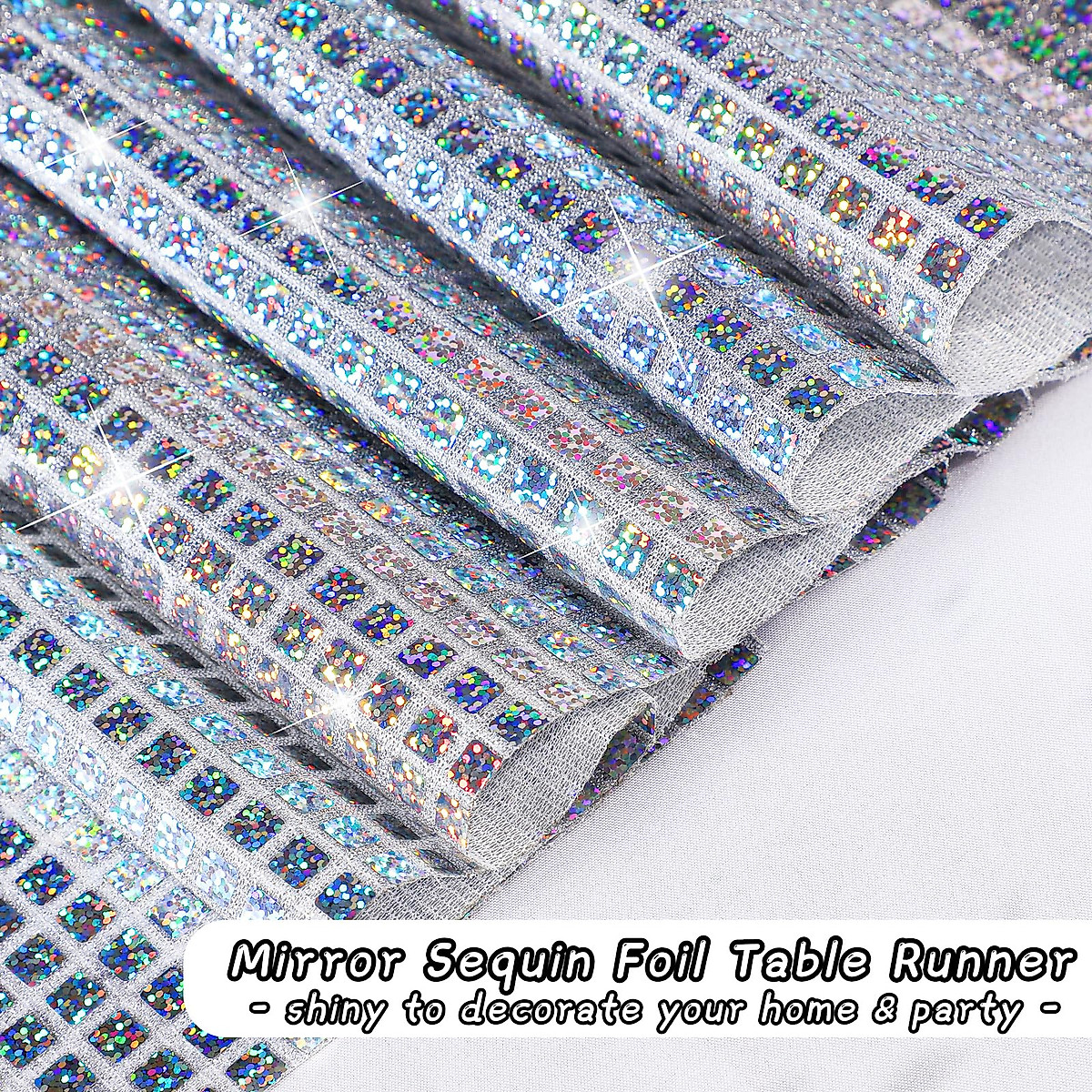 durony 2 Pack Disco Party Table Runner Mirror Silver Laser Glitter Foil Tablecloth with Sparkle Sequin Table Cover for Bachelorette Party 70s Party Disco Cowgirl Party Decorations