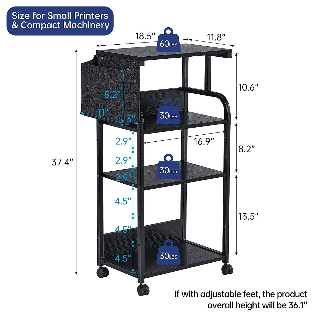 Fannova 4 Tier Small Printer Stand with Adjustable Shelf and Storage Pouch, Rolling Printer Cart with Wheels for Home Office Organization, Table Stand for Shredder CPU Computer Tower, Black