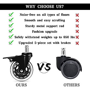 Office Chair Caster Wheels, Heavy Duty Chair Wheels 3 Inch, Safe for All Floors Including Hardwood, Universal Standard Stem Size Fits 99%, NOT Compatible for IKEA - with Brake (Set of 5)