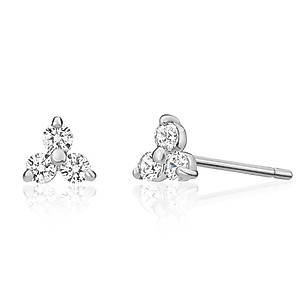 Solid 14k Gold Mini Lotus Cubic Zirconia Studs, Trefoil Trinity Triple Cluster Minimalist Earrings (White Gold)
