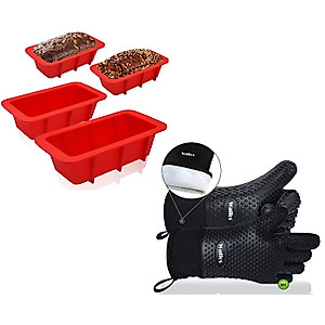 Walfos Premium 4PCS Silicone Mini Loaf Pan Set + High Heat Resistant Silicone Oven Mitt Set，Great for Kitchen Baking and Grilling!