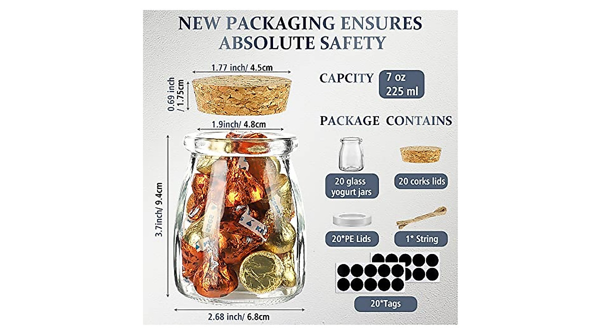 Folinstall 7oz Small Glass Jars | Cork/PE Lids | 20 Pack