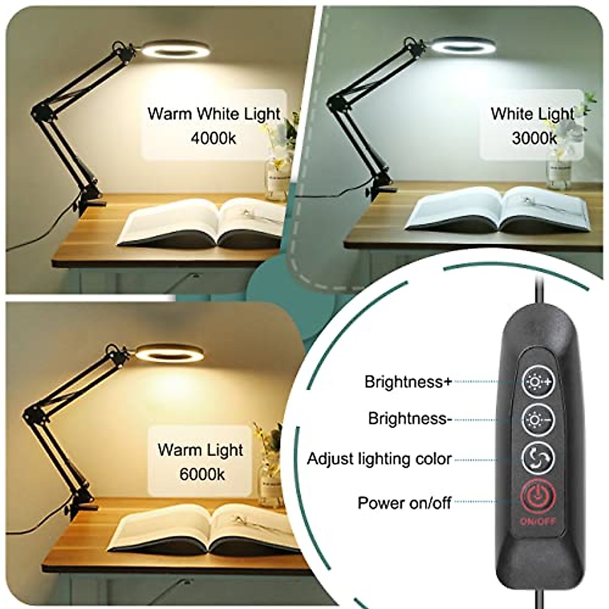Krstlv 8X Magnifying Glass with Light, Real Glass Lens Desk Lamp & Clamp, 3 Color Modes Stepless Dimmable, Hands Free LED Lighted Magnifier with Light and Stand for Reading Crafts Repair Close Works