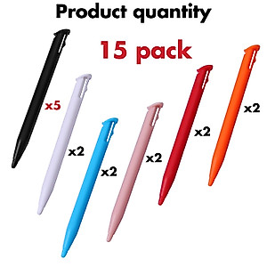 Yizerel Stylus Pen for New 2DS XL, 15 Pcs Colorful Plastic Replacement Touch Screen Stylus Set Compatible with New 2DS LL with HD Crystal Clear PET Films (Black White Pink Blue Red Orange)