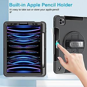 Case for iPad Pro 11 Inch 2022/2021/ 2020/2018: Military-Grade Silicone Cover for iPad 11 Inch 4th/ 3rd/ 2nd/ 1st/ Generation with Stand- Handle- Shoulder Strap- Pencil Holder- Black