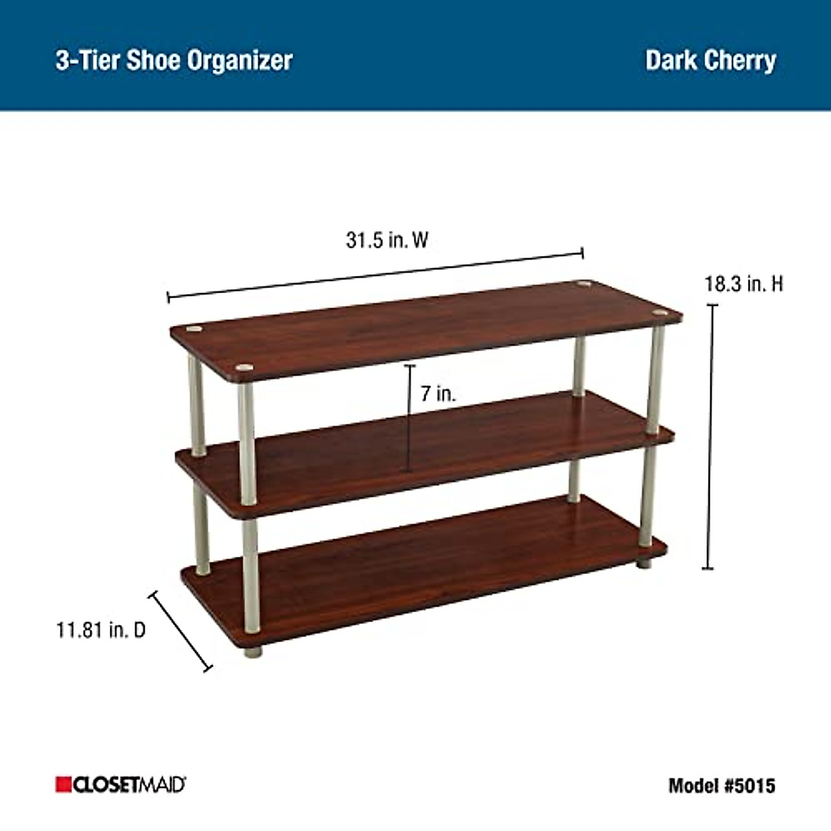 ClosetMaid 3-Tier Shelf Organizer Unit for Shoes, Accessories, Hats, Purses, Bags, in Entryway or Closet, Wood Shelves with Metal Frame, Cherry
