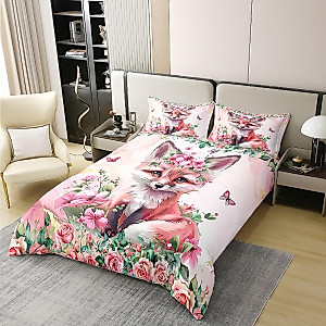 Watercolor Fox 100 Percent Cotton Bedding Set Full Size Cute Jungle Wildlife Duvet Cover Romantic Rose Butterfly Comforter Cover Pink Golden Marble Bedspread Cover with 2 Pillowcases