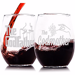 The Godfather & Godmother Etched Stemless Wine Glass Set - Premium Quality Licensed, Handcrafted Glassware - A Perfect Collectible Gift for Godparents, Movie Lovers & Special Occasions