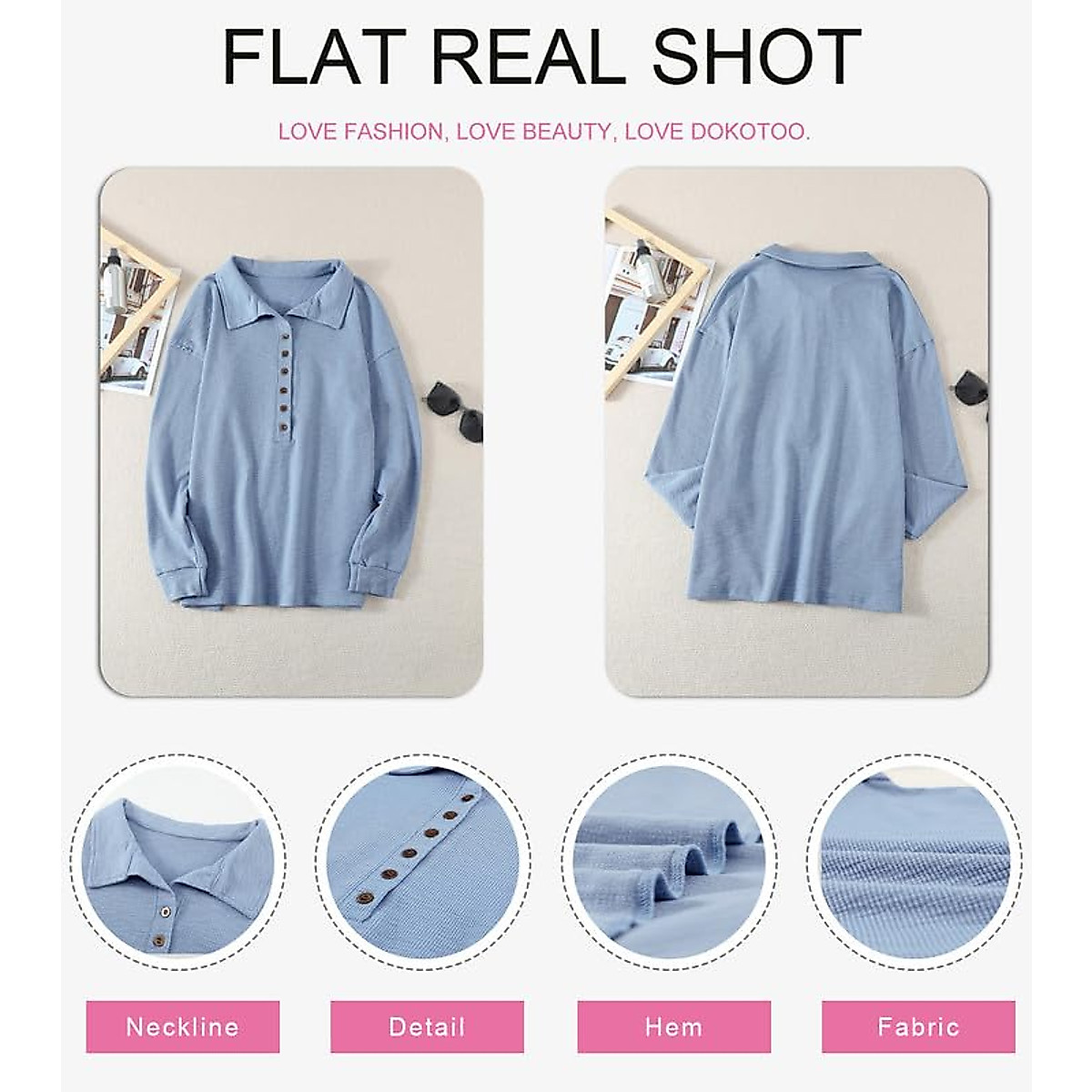 Dokotoo Business Casual Outfits for Women Stand Collar V Neck Button Up Long Sleeve Sweatshirt Solid Color Ribbed Henley Shirts Tunic Tops Knit Shirt Sky Blue Large
