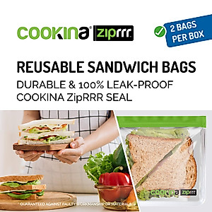 COOKINA ZipRRR Reusable Sandwich Bags – Freezer Safe and Leak-Proof PEVA Storage Bags (Pack of 2), clear, 8.07-inch x 7.87-inch