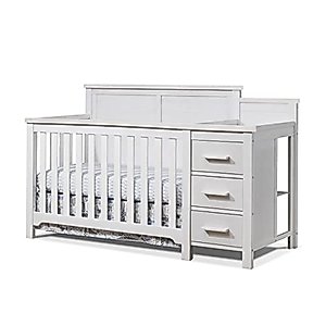 Sorelle Furniture Farmhouse Crib and Changer with Rustic Solid Back Classic -in- Convertible Diaper Changing Table Non-Toxic Finish Wooden Baby Bed Toddler Full-Size Nursery - Weathered White
