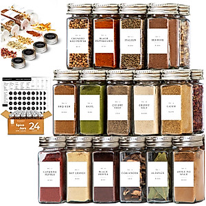FINESSY Empty Glass Spice Jars with Label 24 Pack, 4 oz Glass Spice Jars with Shaker Lids, Spice Bottles Empty Glass with Labels, Glass Spice Containers with Labels and Lids, Seasoning Containers
