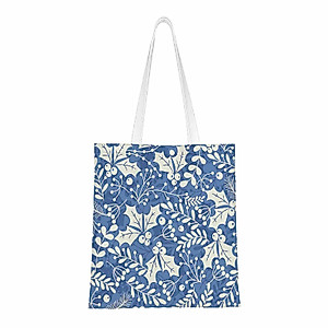 TifyDon Canvas Tote Bag，Christmas Holly Leaves Berries Reusable Large Shopping Shoulder Tote Bag For Women，Vintage Blue Floral Tree Winter Holiday Nature Doodle Leaf Retro Beach Tote Bag Bulk