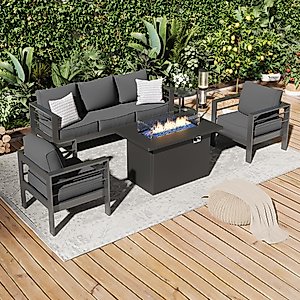UDPATIO Aluminum Patio Furniture with Fire Pit Table, 4 Pieces Modern Aluminum Outdoor Sectional Conversation Set with Grey Cushion