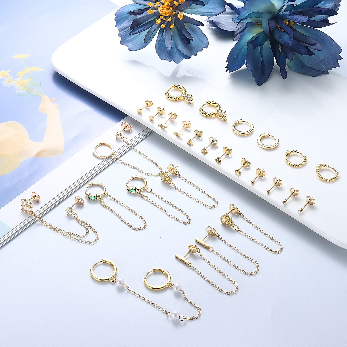 BESTEEL 27PCS 14K Gold Plated Huggie Hoop Stud Earrings Set for Women,Fashion Hypoallergenic Small Dainty Dangle Chain Earrings for Multiple Piercing, Stainless Steel, Cubic Zirconia