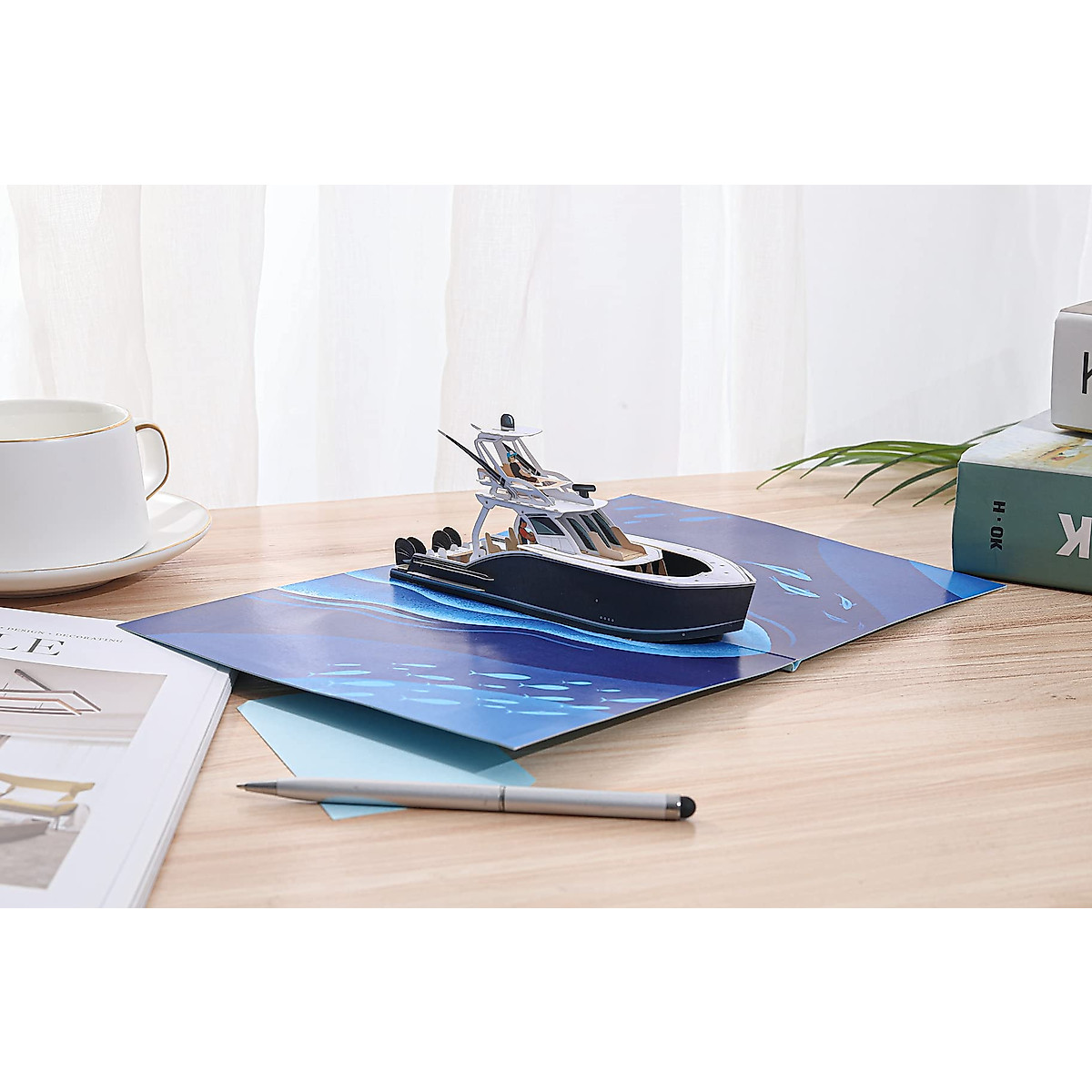 Liif Fishing Boat 3D Greeting Pop Up Card, Retirement Card, Father's Day, Birthday Card For Men, DAD, Fisherman,Boss, Husband, Son, Grandpa - With Message Note & Envelop - Size 8 x 6 Inch