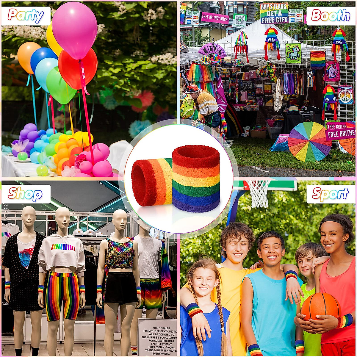 100 Pieces Rainbow Striped Wrist Sweatbands Bulk Gay Pride Athletic Cotton Sweatband Terry Cloth Wristbands for Men Women Birthday Halloween Rainbow Festival Party Parades Sports
