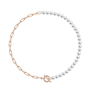 MJartoria Pearl Choker Necklace, 14K Gold Plated Paperclip Chain Necklace for Women, Toggle Clasp, Dainty Half Pearl Half Chain Necklace Trendy Jewelry Birthday Gifts