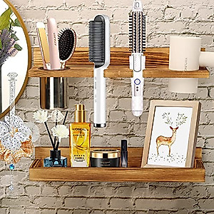 2 Layer Hair Tool Organizer Wall Mount Shelves, Rustic Blow Dryer Holder, Wooden Storage Shelf Bathroom Organizer for Hair Dryer, Curling Iron, Hot Tools, Vanity Accessories, Makeup, Toiletries