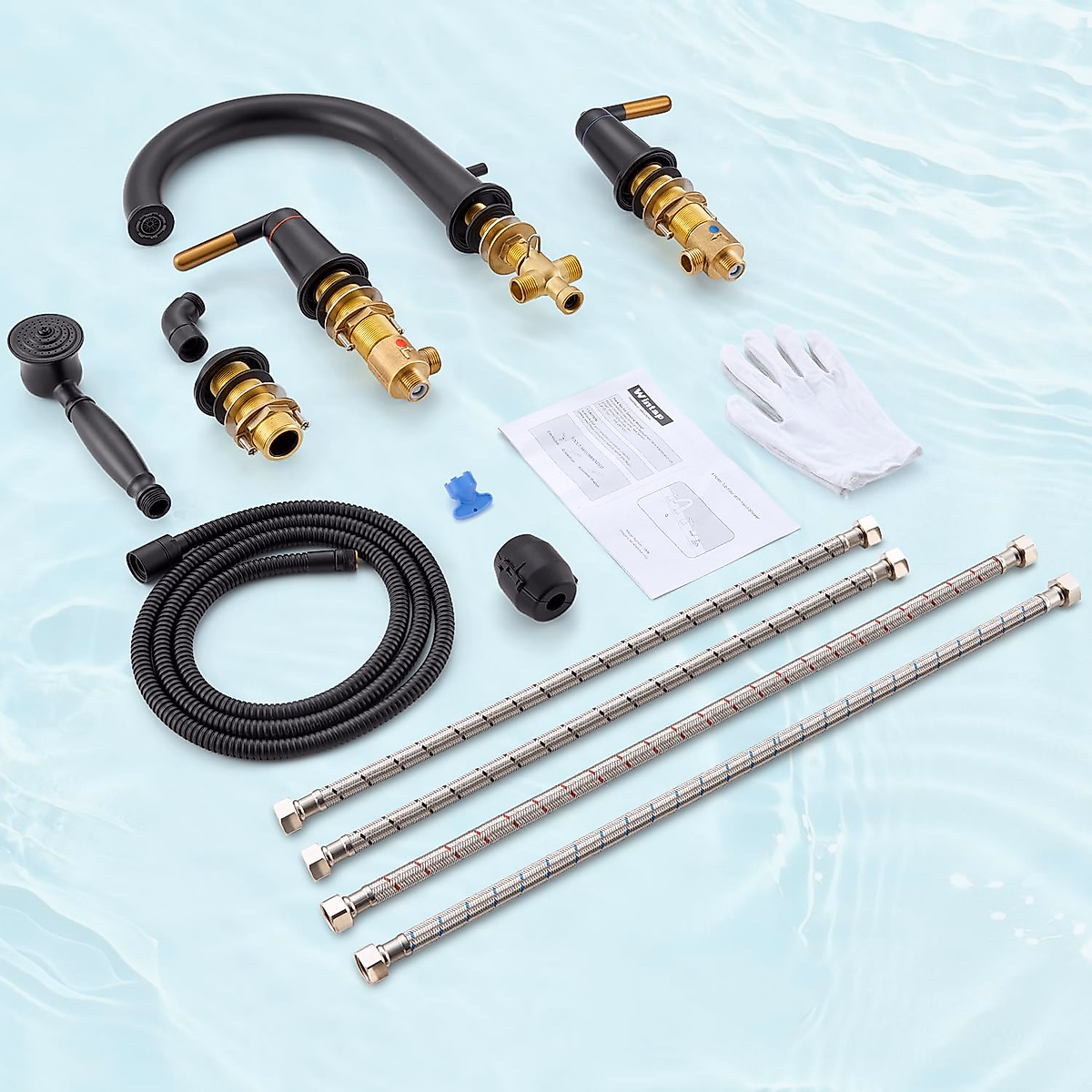 Wintap Black & Rose Gold Roman Bathtub Faucet Set with Hand Shower & Brass Valve Widespread Deck Mount 4 Hole High Flow Tub Faucets