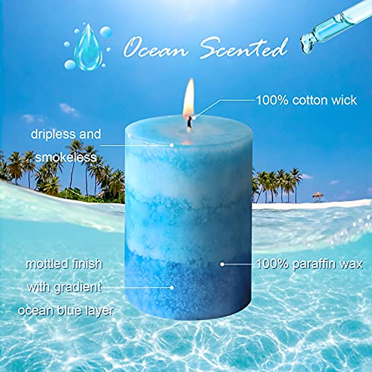 Petristrike Strong Ocean Scented Pillar Candles, 50+ Hrs Long Burning Candles，3 Pack Blue Candles for Home Scented (3x4'')