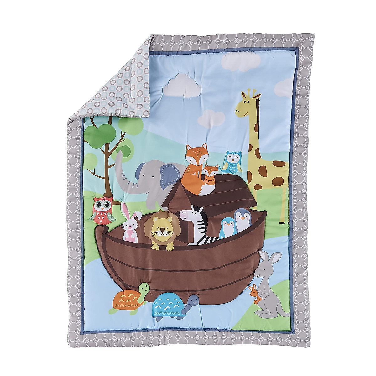 5 PCs Noah's Ark Nursery Crib Bedding Set Blue Grey Animal Theme Baby Crib Bedding Set Quilt + Skirt + Fitted Sheet + Diaper Storage Bag + Window Valance
