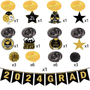 35Pcs Graduation Decorations Pre-Assembled Hanging Swirls 2024 GRAD Banner Graduation Party Decorations Class of 2024 for Classroom Home Party