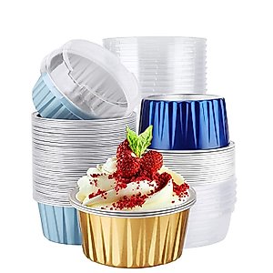 Aluminum Foil Baking Cups with Lids, 50pcs 5oz Foil Cupcake Liners Cups with Lids, 125ml Disposable Foil Baking Cake Cups, Aluminum Muffin Cups for Bakery Wedding Birthday Party. (Assorted Colors)