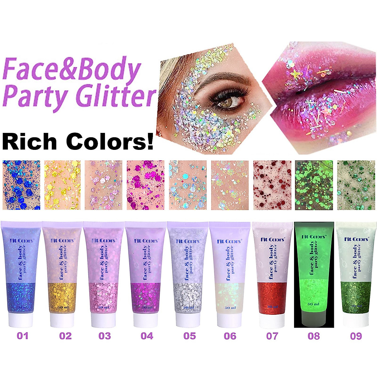 Glow in The Dark Body Glitter Gel, Holographic Chunky Glitter Makeup for Body, Hair, Face, Nail, Super Long Lasting Waterproof Luminous Face Glitter Gel for Carnival Party（#8 Luminous Glitter,1PC）