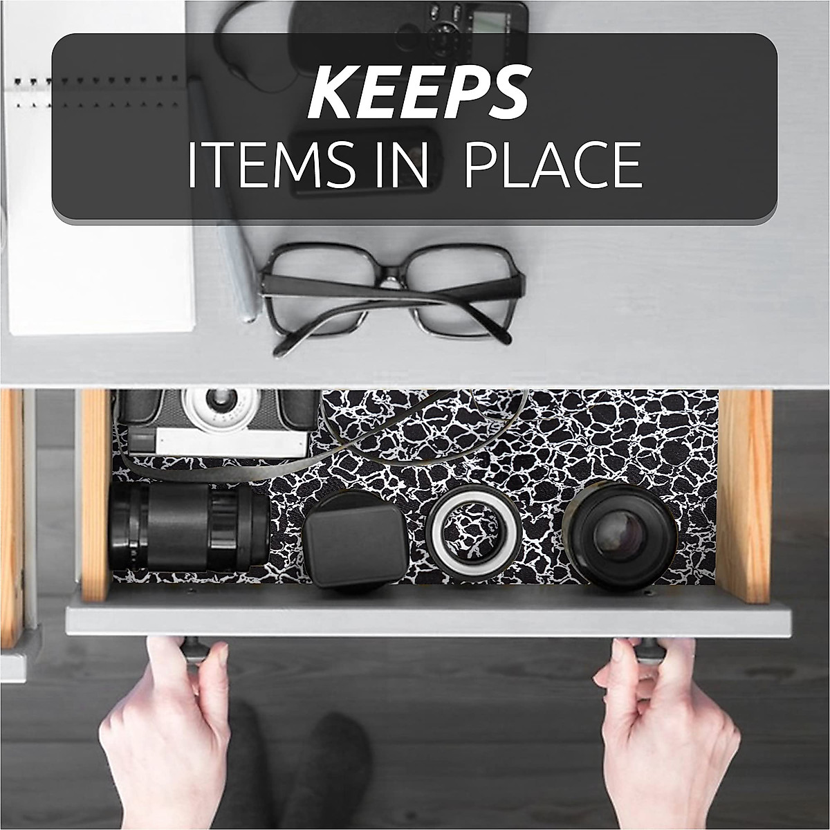 FIFTY FEET 12X120 Inch Shelf Liner with Scissor & Tape Measure for Kitchen Cabinets, PVC Drawer Liner for Dresser Non-Slip Bathroom, Non-Adhesive Cabinet Liner Washable (Black Crack)