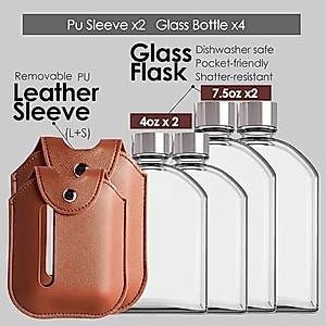 Delove Modern Glass Hip Flask with Removable PU Leather Sleeve - Durable Whiskey Flask for Men & Women - Leather Glass Flask for Liquor & Spirits,Wine (4oz x2, 7.5oz x2, Brown)