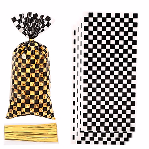 CSTYWC 50 Pieces Cellophane Car Candy Bags Black White Checkered Racing Treat Bags Plastic Race Gift Goodie bags with 50Pieces Twist Ties for Cars Birthday Party Decorations