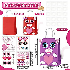 12 Pcs Valentine Treat Bags for Kids, Cat DIY Valentine Candy Treat Bags Kraft Paper Gift Bags Valentine Goodie Bags with 18 Accessories for Snack Party Favor and Students Classroom Gift Exchange