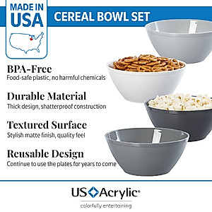 US Acrylic Fresco 28 oz. Plastic Stackable Snack Bowls for Cereal and Ice Cream in Grey Stone | Set of 8 | 6-inch Reusable, BPA-Free, Made in the USA, Dishwasher Safe Dinnerware