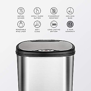 NINESTARS CB-DZT-50-13/12-13 Automatic Touchless Infrared Motion Sensor Trash Can Combo Set, 13 Gal 50L & 3 Gal 12L, Stainless Steel Base (Oval, Silver/Black Lid)