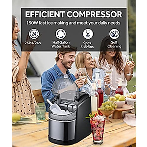 Countertop Ice Maker, FREE VILLAGE Ice Maker Machine for Countertop 9 Ice Ready in 6 Mins, 26Lbs/24H, Self-Cleaning Function, Portable Ice Maker with Ice Scoop & Basket for Home/Party/Camping (Black)